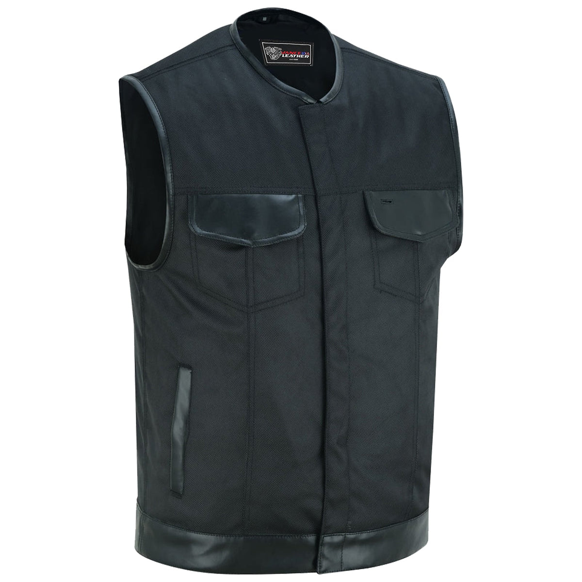 Men's Premium Black Textile Collarless Motorcycle Club Vest with Leath ...